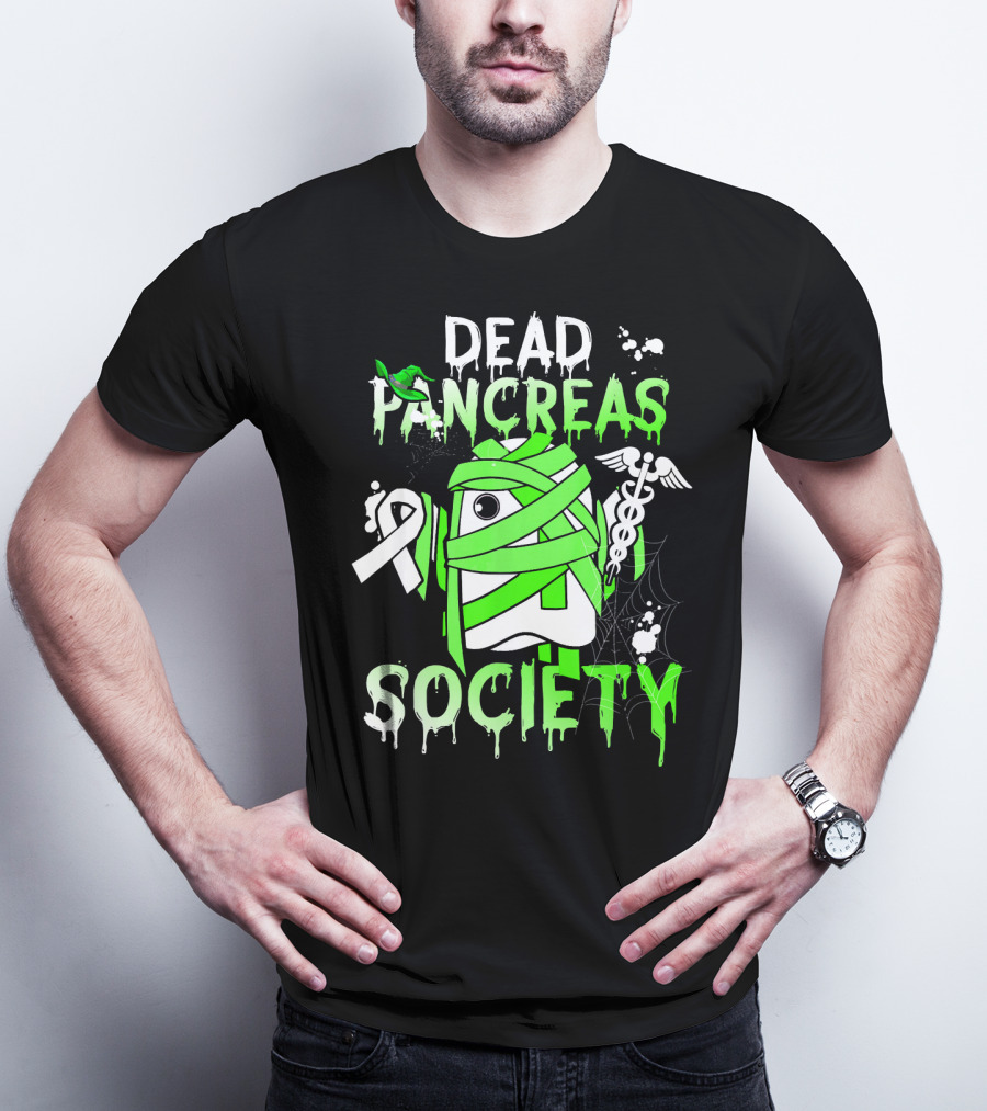 Dead Pancreas Society Halloween Ghost Design With Green Mummy And Medical Symbols T-Shirt