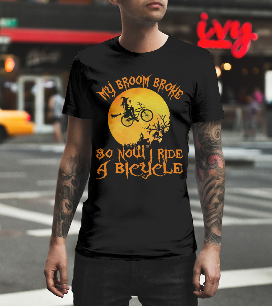 My Broom Broke So Now I Ride A Bicycle Witch Silhouette Full Moon Spooky Scene T-Shirt