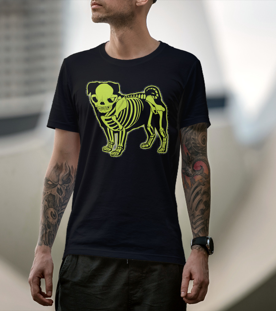 Pug Skeleton Neon Glow Canine Bones T-Shirt