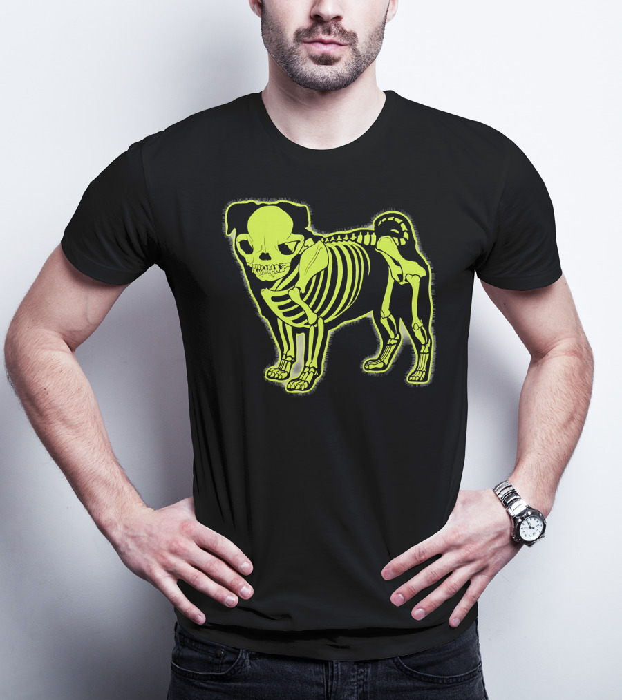 Pug Skeleton Neon Glow Canine Bones T-Shirt