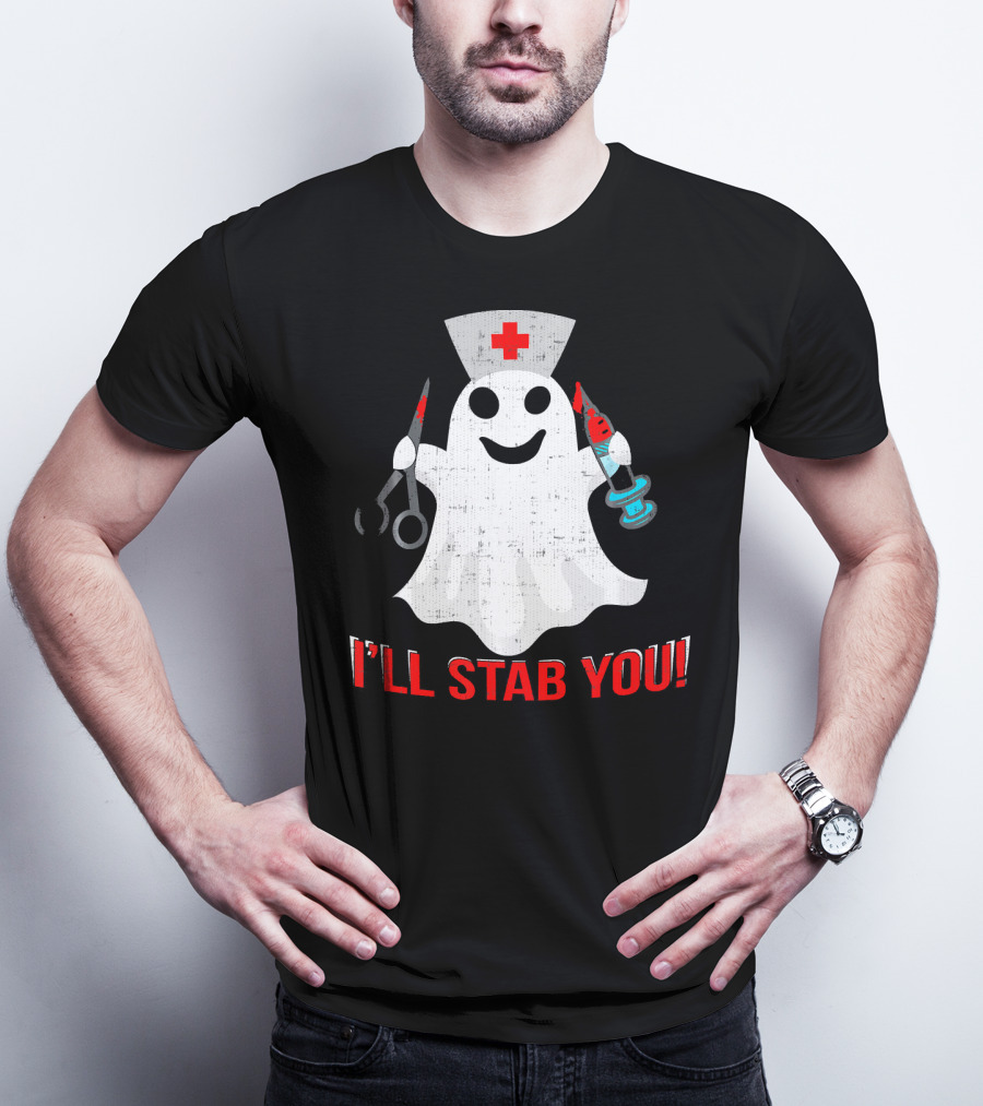 Funny Ghost Nurse I'll Stab You Halloween Humor T-Shirt