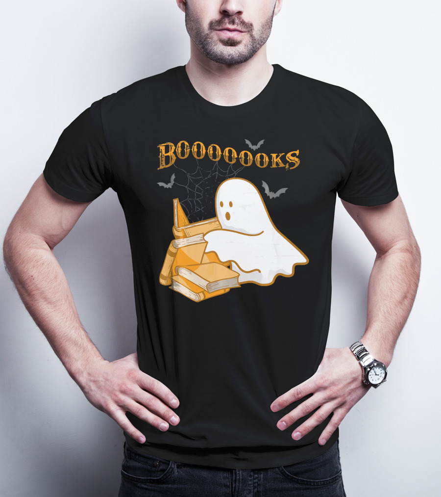 Booooooks Ghost Reading Bat Halloween Teacher T-Shirt