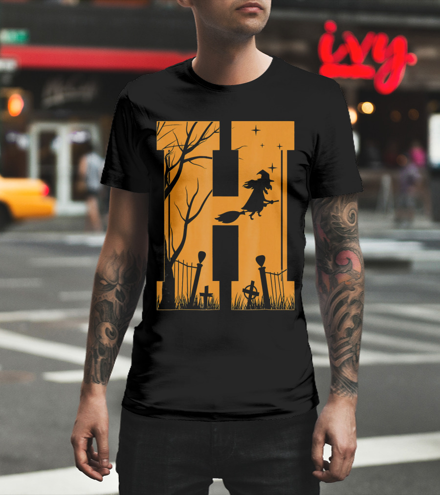Letter H Halloween Witch Graveyard Scene T-Shirt