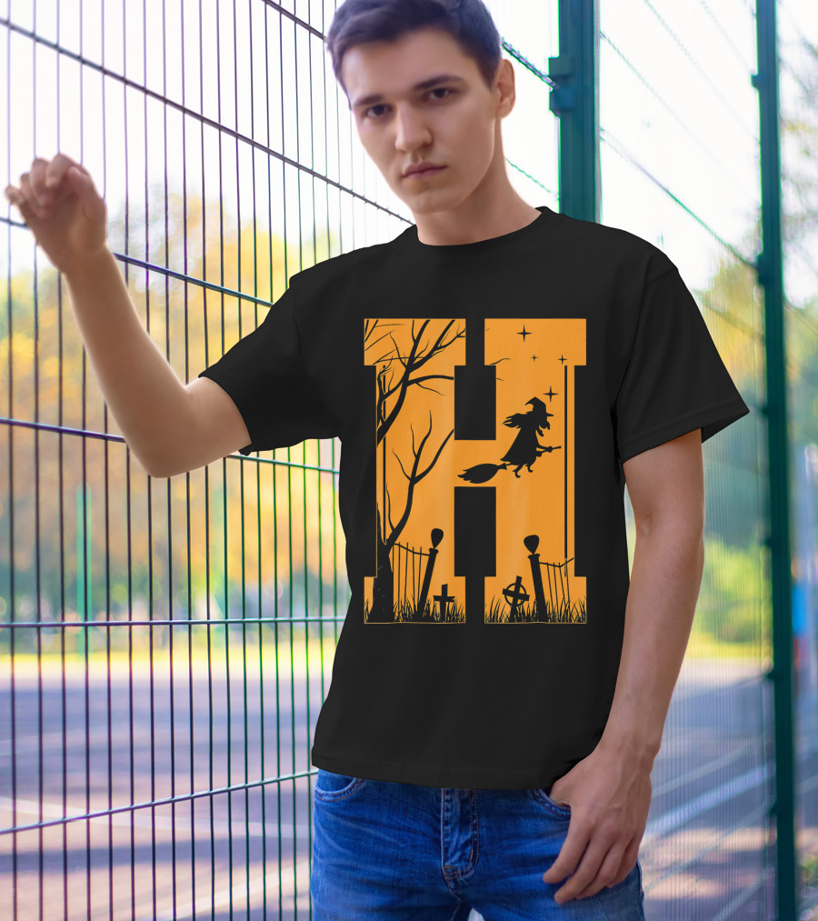 Letter H Halloween Witch Graveyard Scene T-Shirt