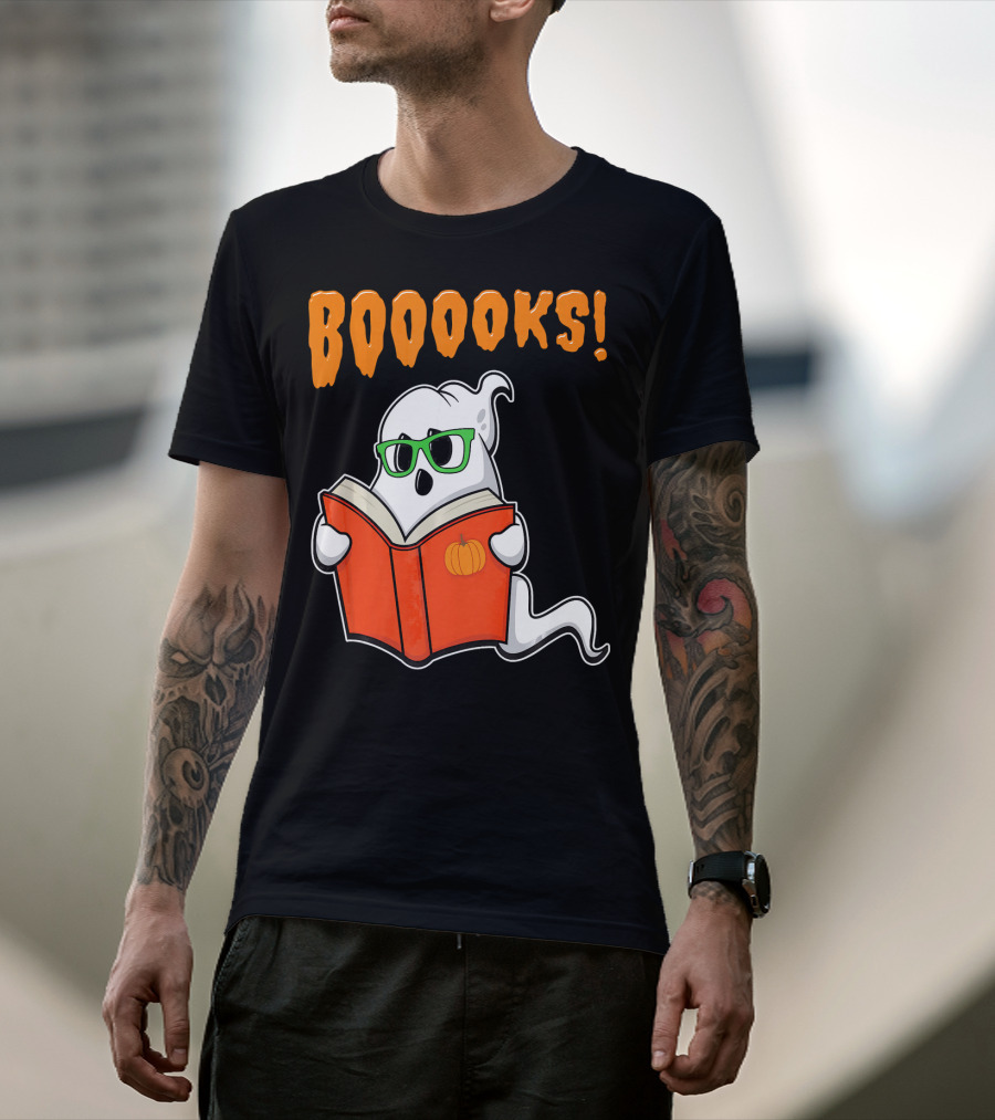 Booooks Ghost With Green Glasses And Pumpkin Book Funny Teacher Halloween T-Shirt