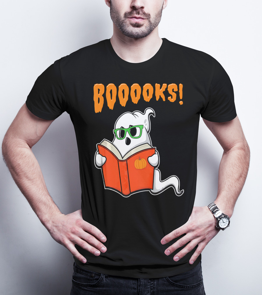 Booooks Ghost With Green Glasses And Pumpkin Book Funny Teacher Halloween T-Shirt