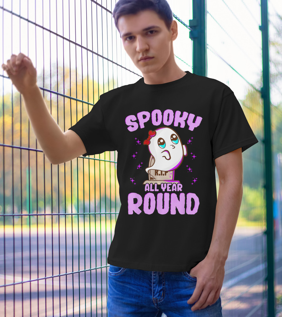 Spooky All Year Round Kawaii Ghost With Glittering Stars And Gravestone T-Shirt