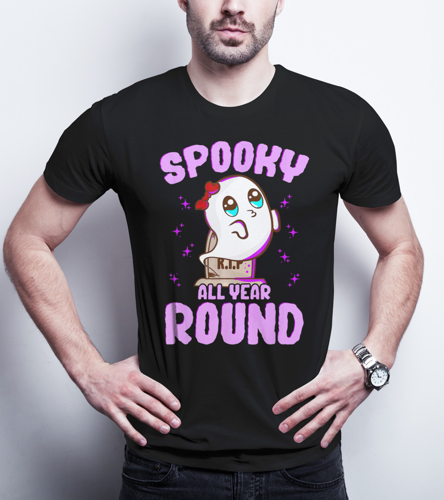 Spooky All Year Round Kawaii Ghost With Glittering Stars And Gravestone T-Shirt