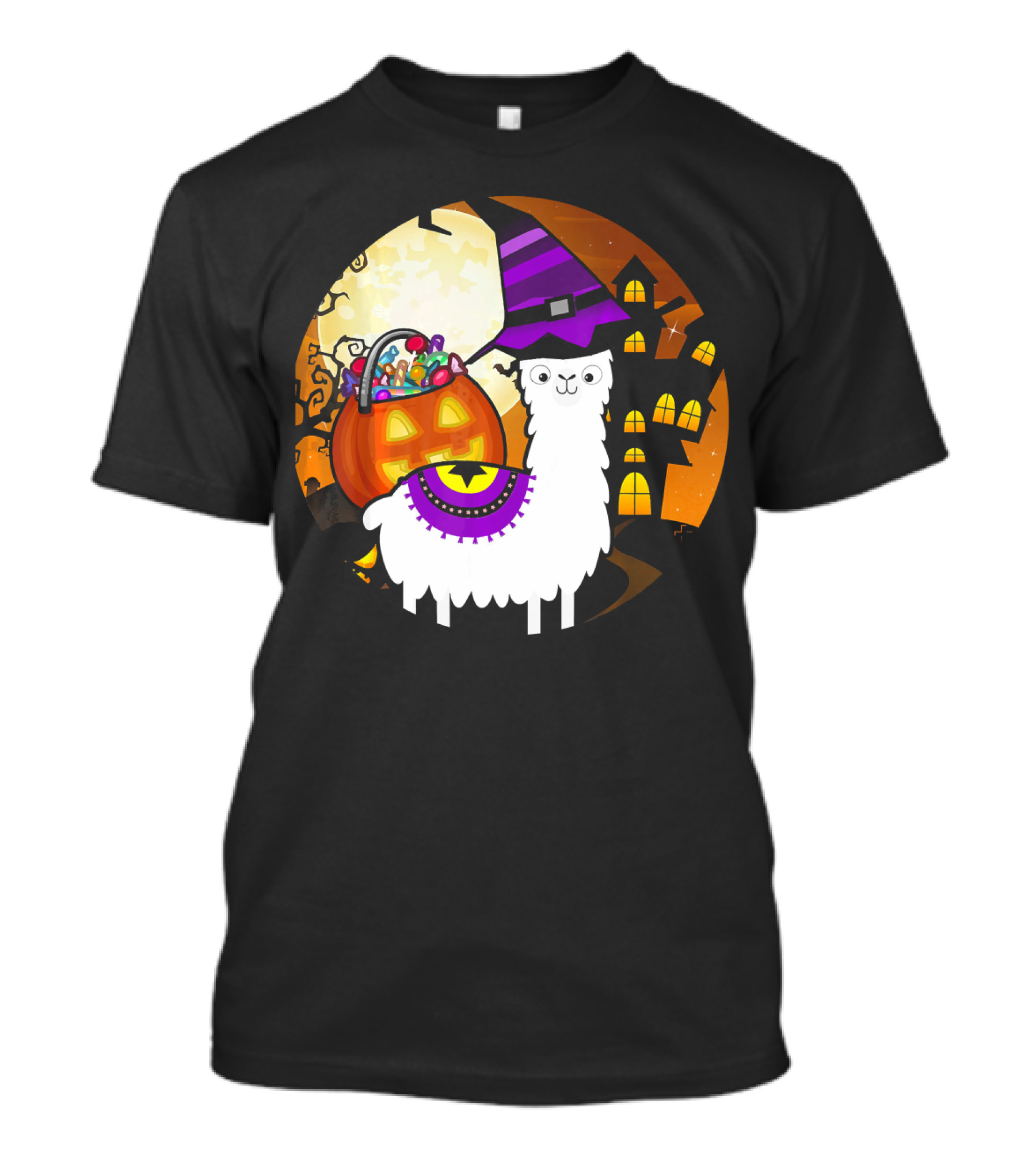 Halloween Llama Funny Alpaca With Witch Hat And Pumpkin House T-Shirt