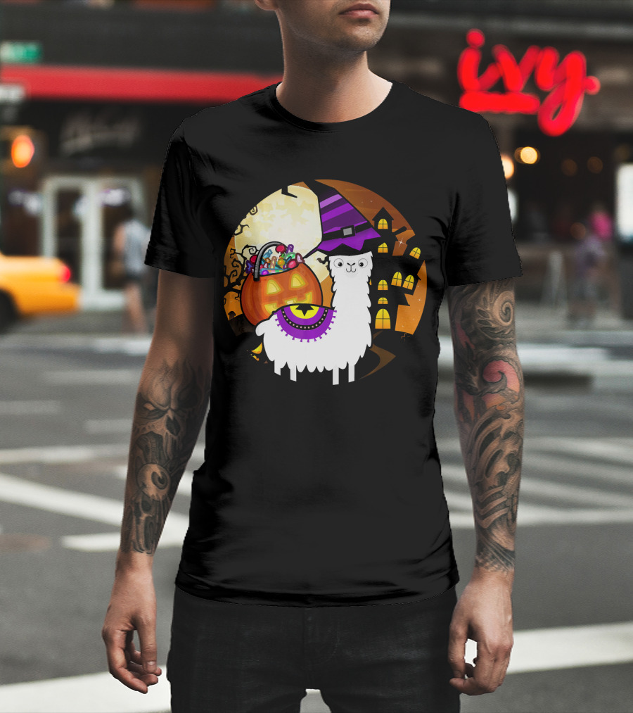Halloween Llama Funny Alpaca With Witch Hat And Pumpkin House T-Shirt