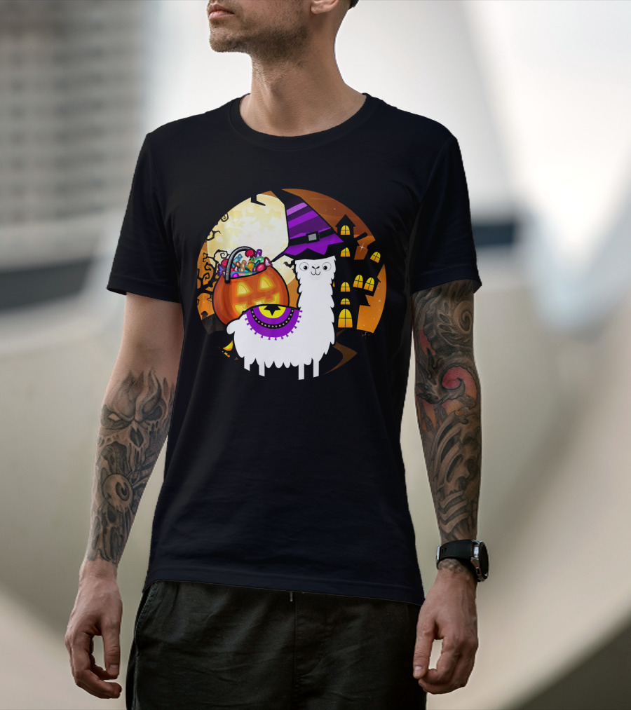 Halloween Llama Funny Alpaca With Witch Hat And Pumpkin House T-Shirt