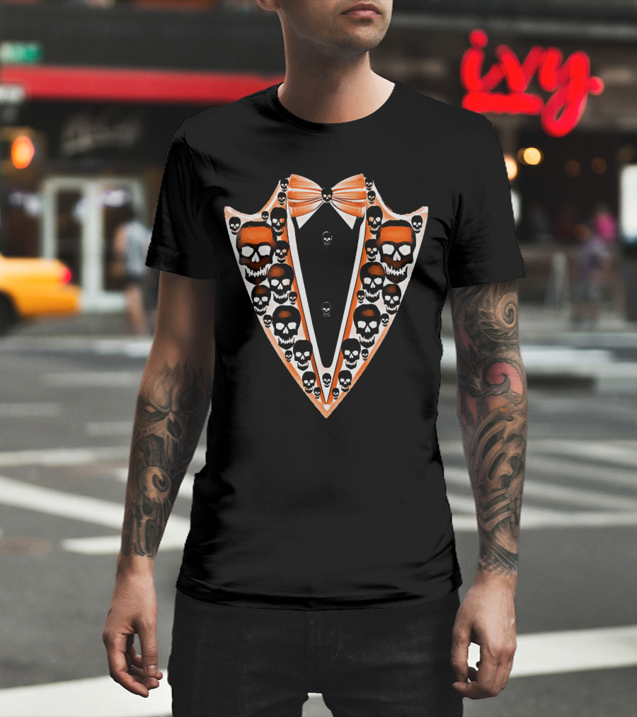 Tuxedo Skull Bowtie Pattern Orange And Black T-Shirt