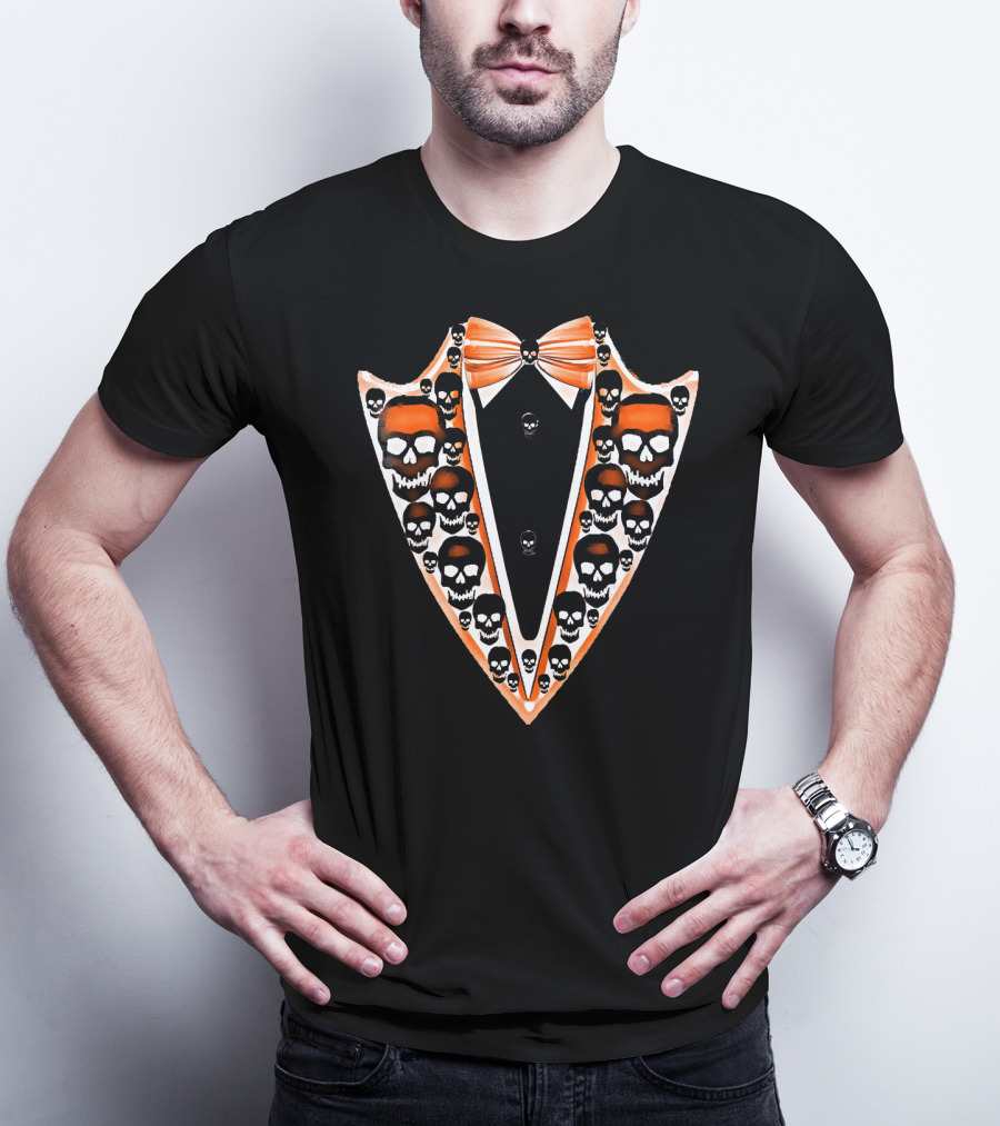 Tuxedo Skull Bowtie Pattern Orange And Black T-Shirt