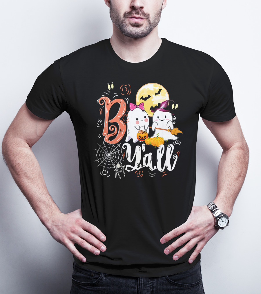 Boo Y’all Funny Ghosts With Pumpkin And Halloween Moon T-Shirt