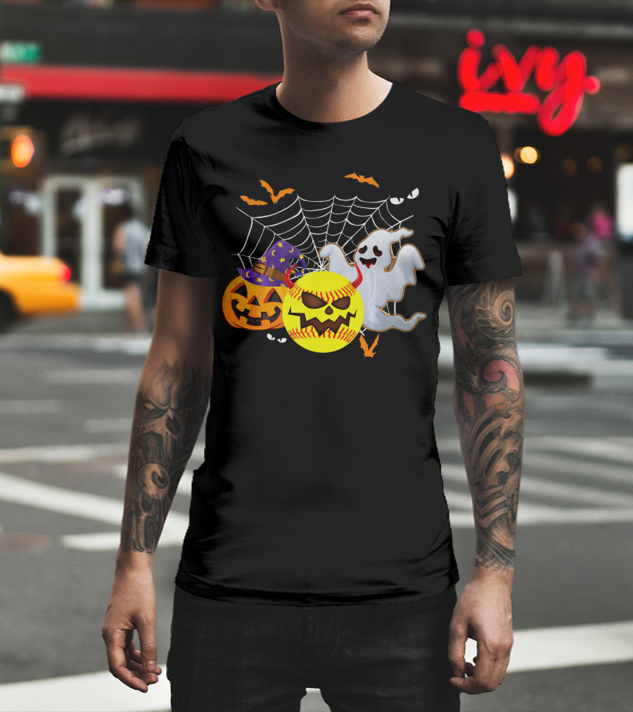 Halloween Softball Pumpkin Ghost Cobwebs And Bats Fun T-Shirt