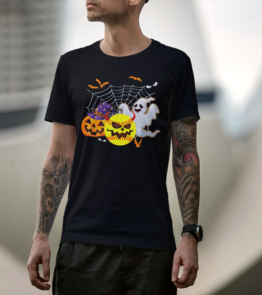 Halloween Softball Pumpkin Ghost Cobwebs And Bats Fun T-Shirt