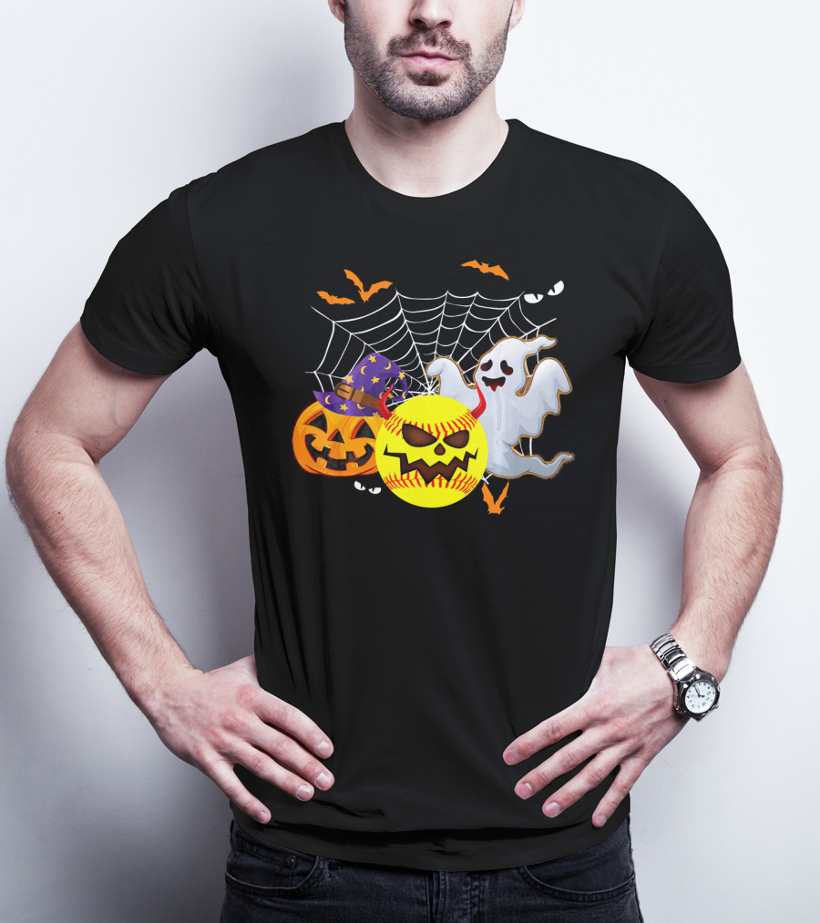 Halloween Softball Pumpkin Ghost Cobwebs And Bats Fun T-Shirt