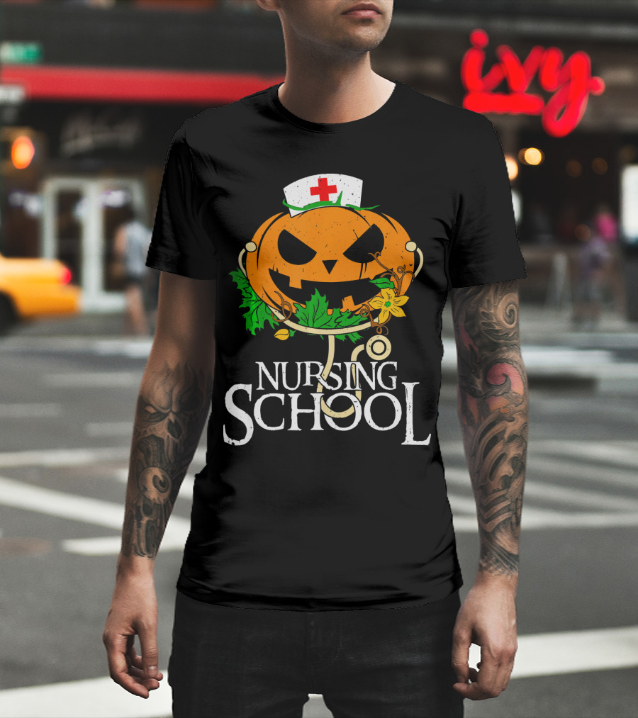 Nursing School Pumpkin With Stethoscope And Nurse Hat Jack-o'-Lantern T-Shirt