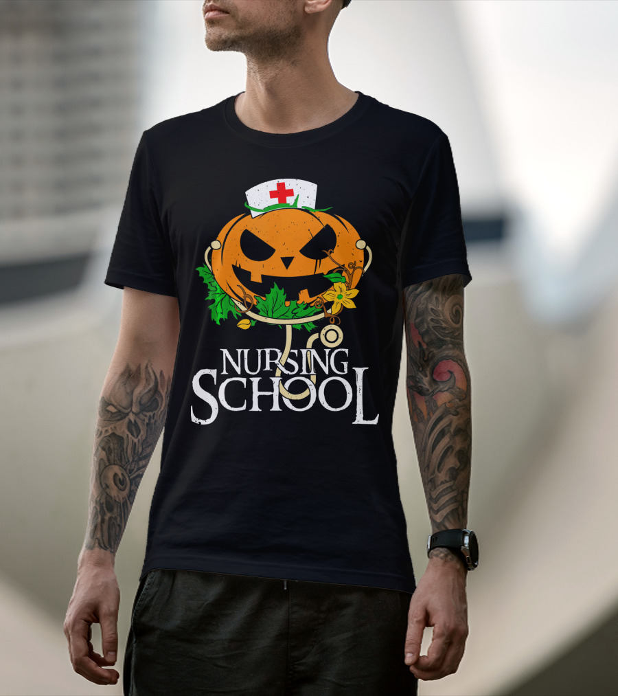 Nursing School Pumpkin With Stethoscope And Nurse Hat Jack-o'-Lantern T-Shirt