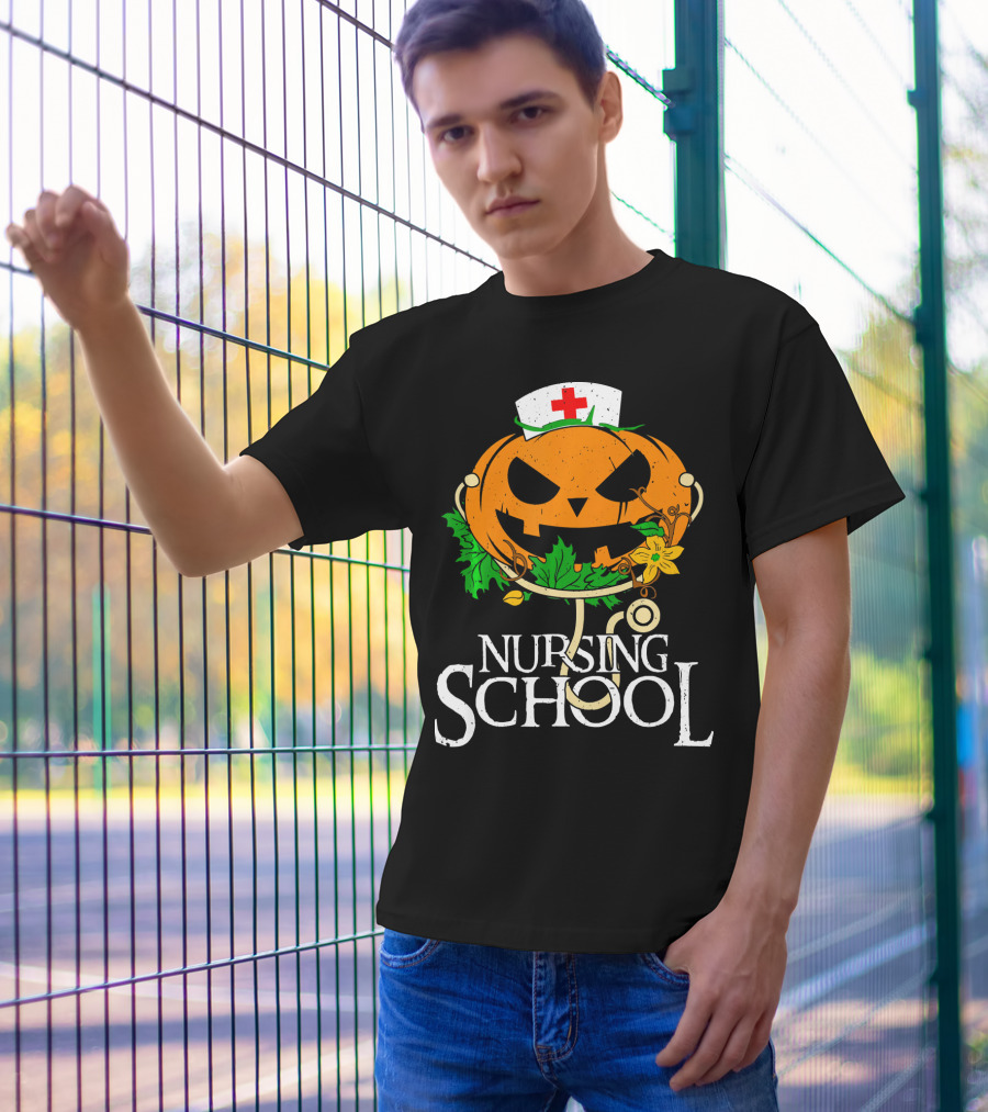 Nursing School Pumpkin With Stethoscope And Nurse Hat Jack-o'-Lantern T-Shirt