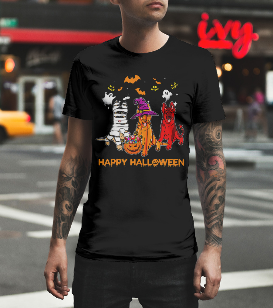 Happy Halloween Mummy Witch Devil Dogs With Ghosts And Bats T-Shirt
