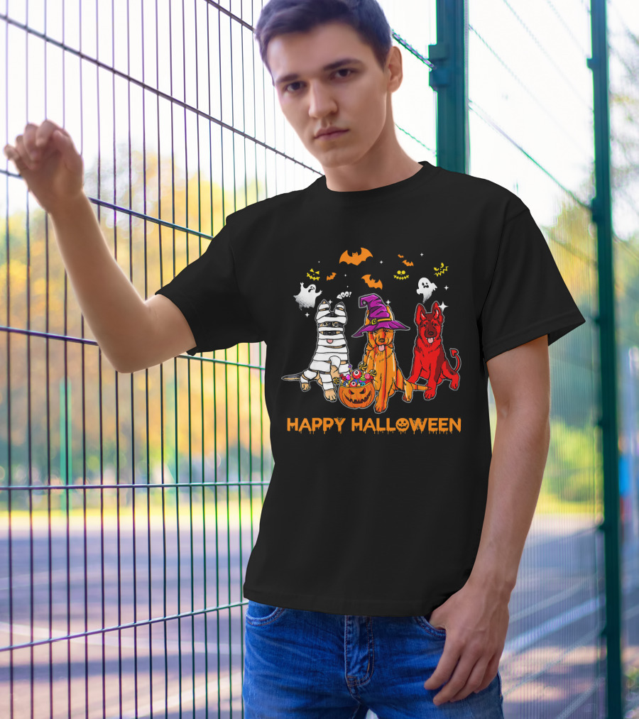 Happy Halloween Mummy Witch Devil Dogs With Ghosts And Bats T-Shirt
