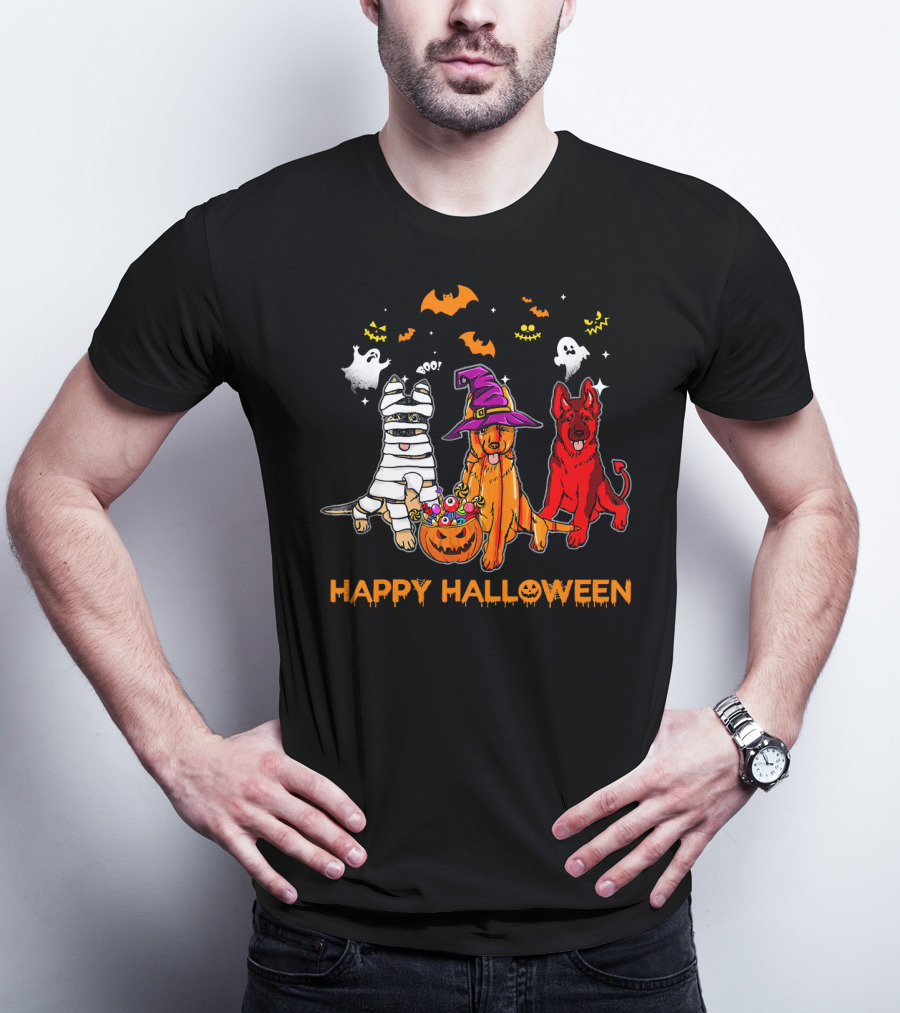 Happy Halloween Mummy Witch Devil Dogs With Ghosts And Bats T-Shirt