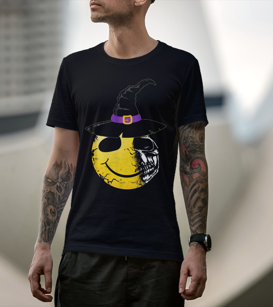 Halloween Witch Hat Smiley Half Skull Face T-Shirt