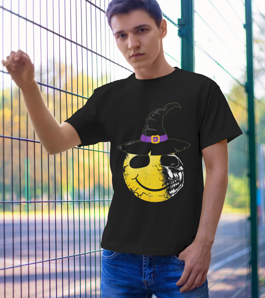 Halloween Witch Hat Smiley Half Skull Face T-Shirt