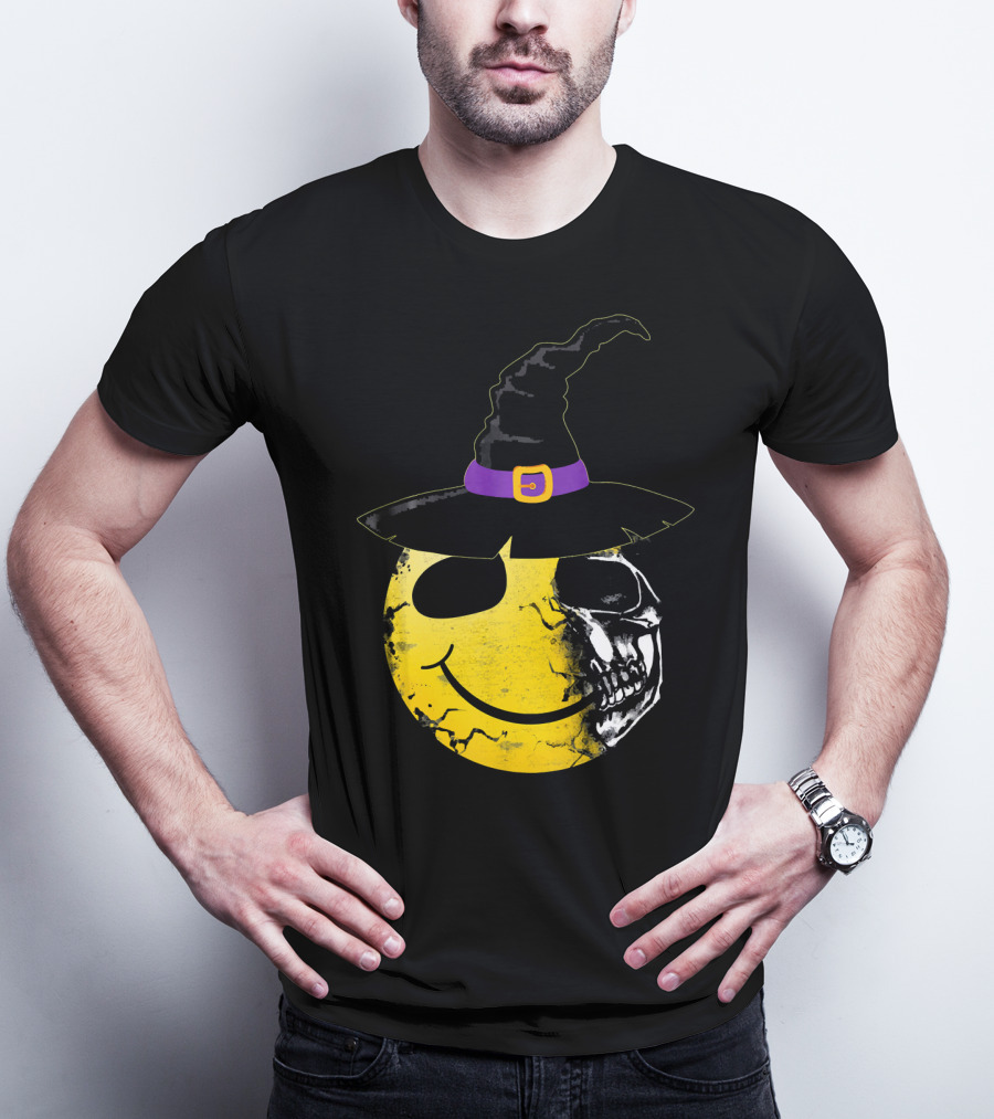 Halloween Witch Hat Smiley Half Skull Face T-Shirt