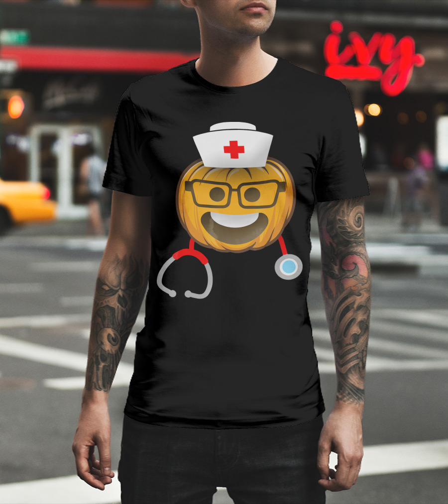 Nurse Halloween Pumpkin Emoji With Nerd Glasses And Stethoscope T-Shirt