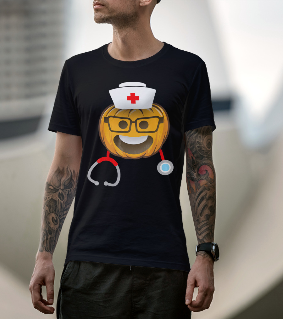 Nurse Halloween Pumpkin Emoji With Nerd Glasses And Stethoscope T-Shirt