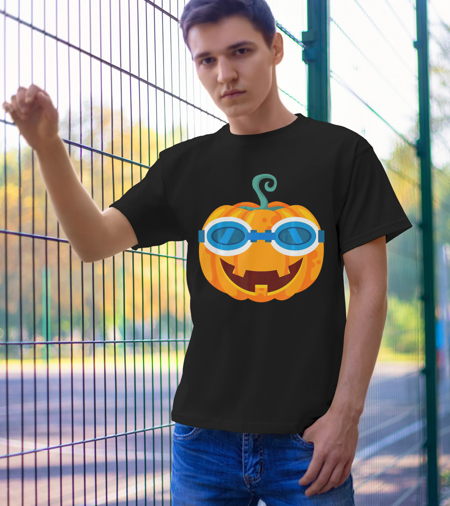 Swimming Pumpkin With Goggles Funny Halloween T-Shirt