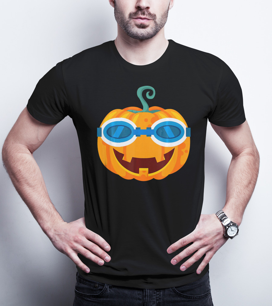Swimming Pumpkin With Goggles Funny Halloween T-Shirt