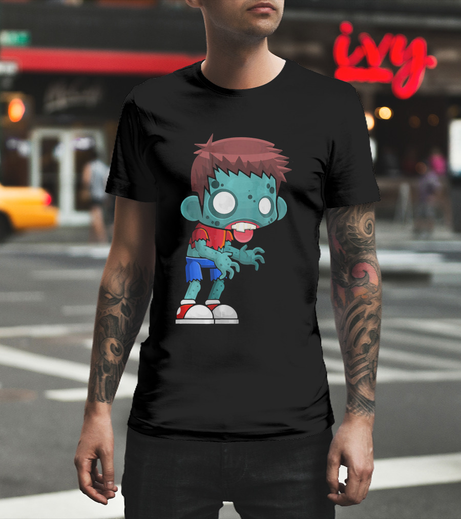 Zombie Boy Cartoon Character With Red Shirt And Blue Shorts T-Shirt