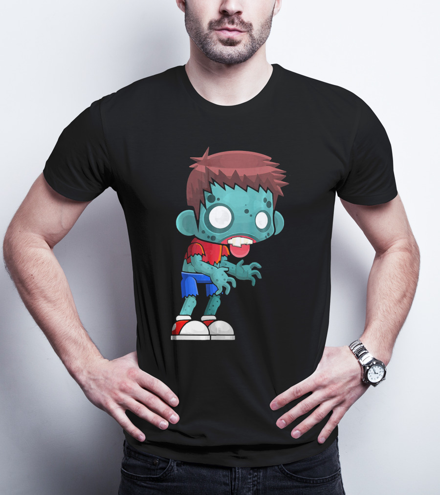 Zombie Boy Cartoon Character With Red Shirt And Blue Shorts T-Shirt