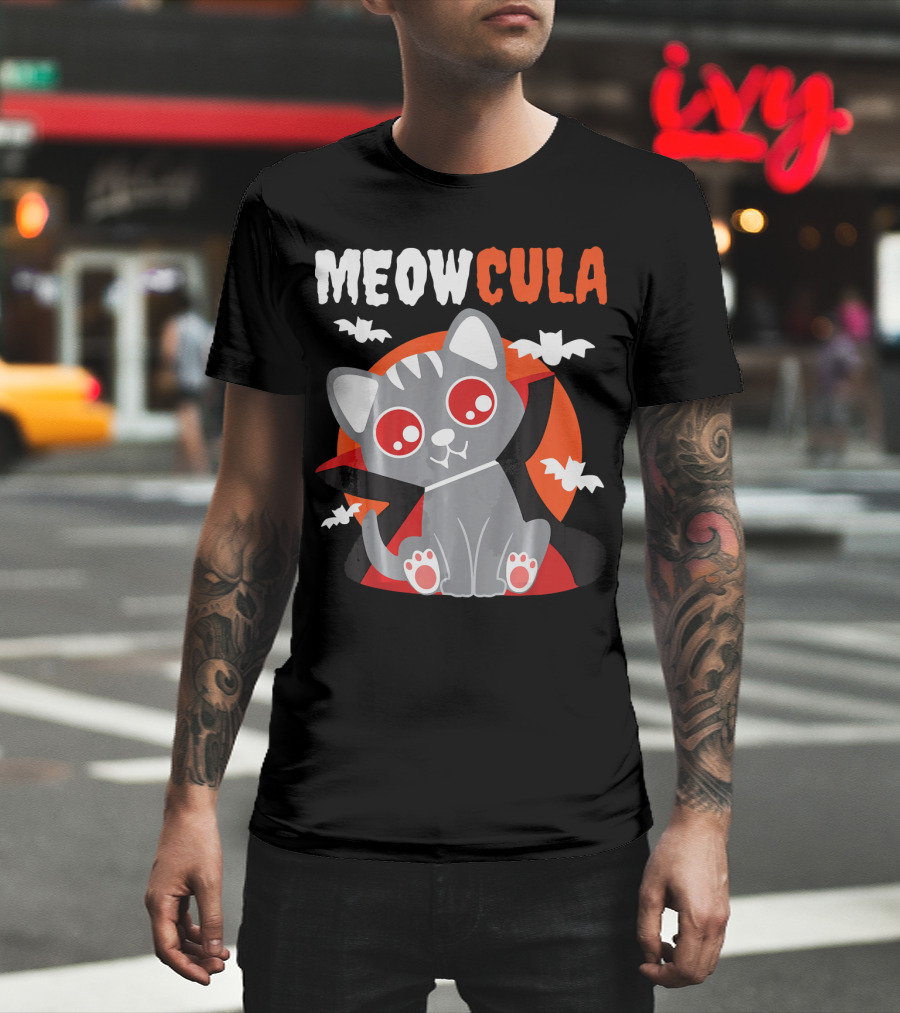 MEOWCULA Vampire Cat Halloween Dracula Bats T-Shirt