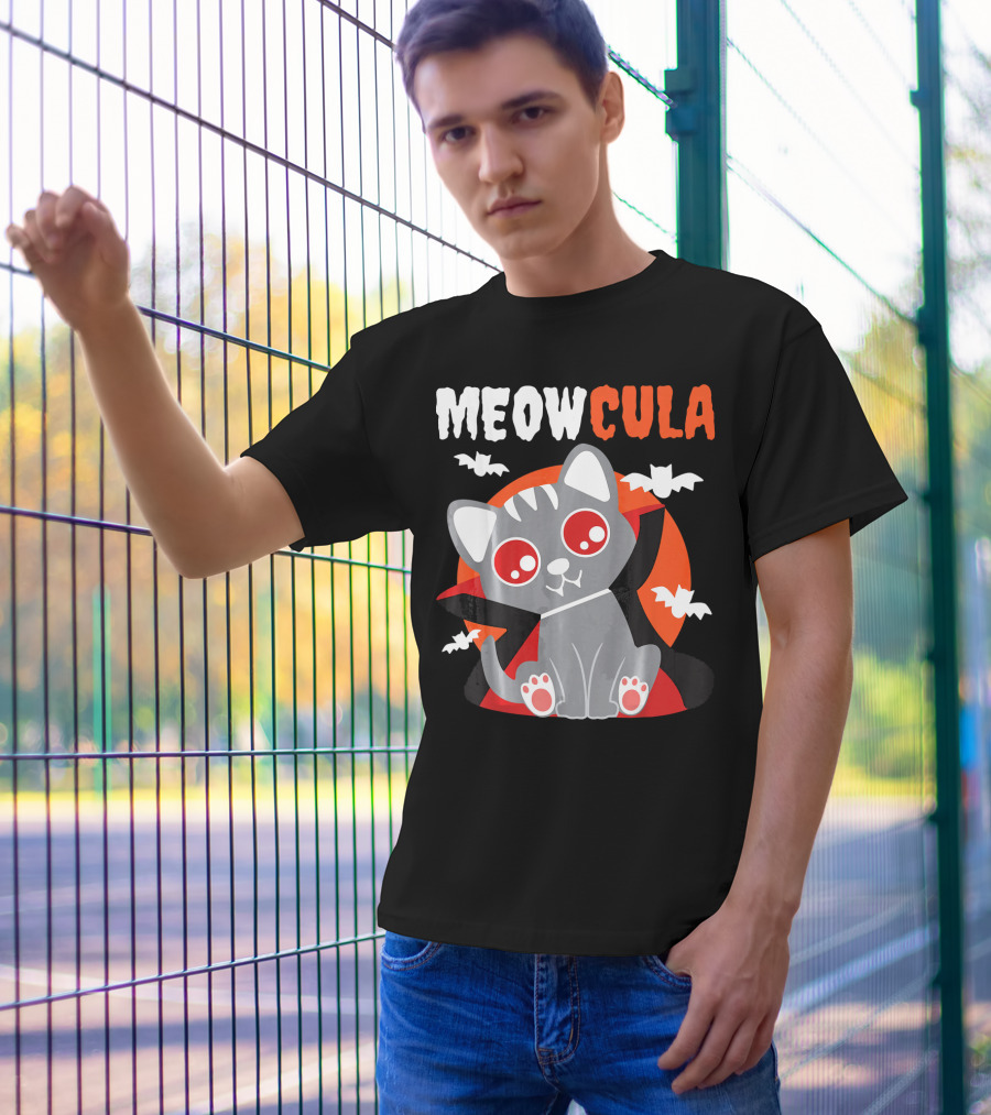 MEOWCULA Vampire Cat Halloween Dracula Bats T-Shirt