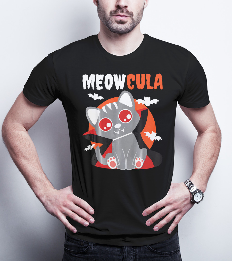 MEOWCULA Vampire Cat Halloween Dracula Bats T-Shirt