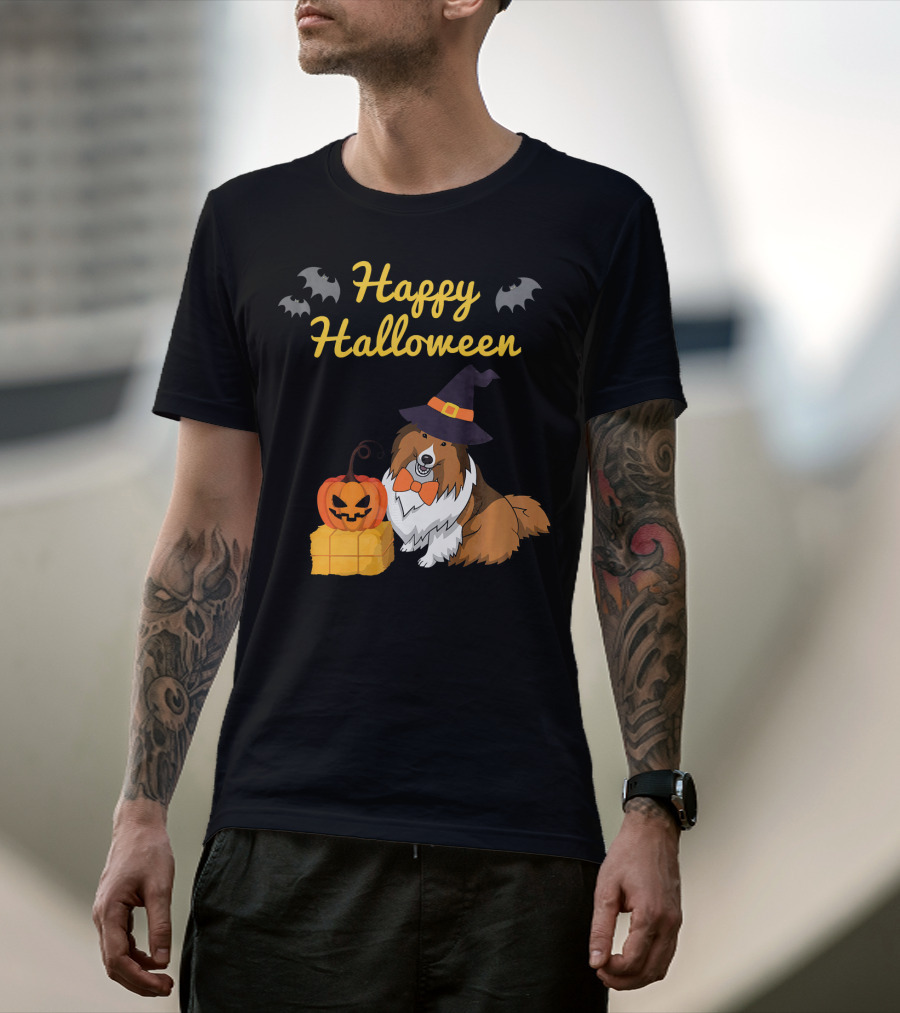 Happy Halloween Cute Sheltie With Witch Hat Pumpkins And Bats T-Shirt