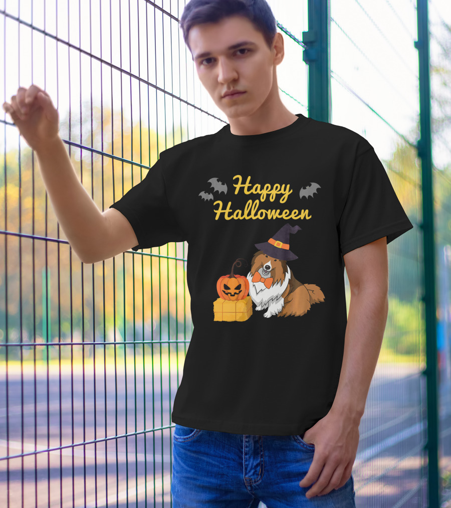 Happy Halloween Cute Sheltie With Witch Hat Pumpkins And Bats T-Shirt
