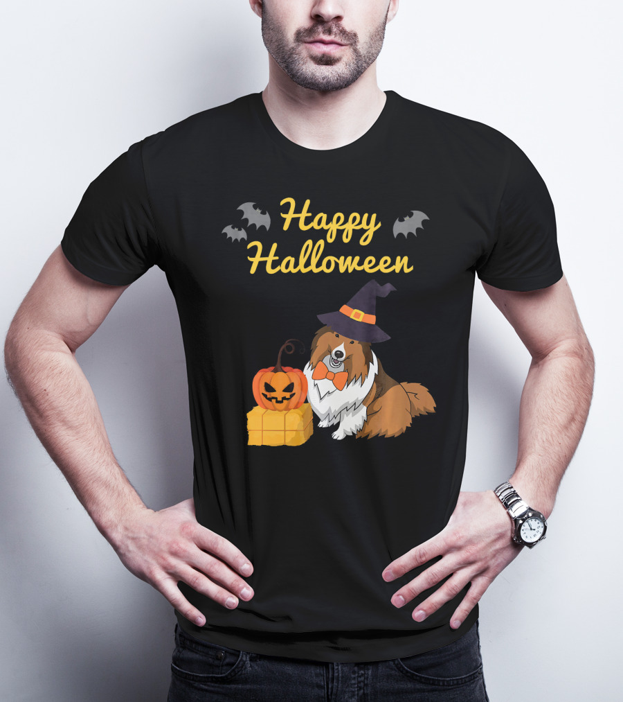 Happy Halloween Cute Sheltie With Witch Hat Pumpkins And Bats T-Shirt