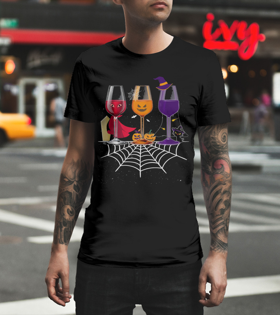 Halloween Wine Glasses Witch Vampire Pumpkin Cat Spiderweb T-Shirt