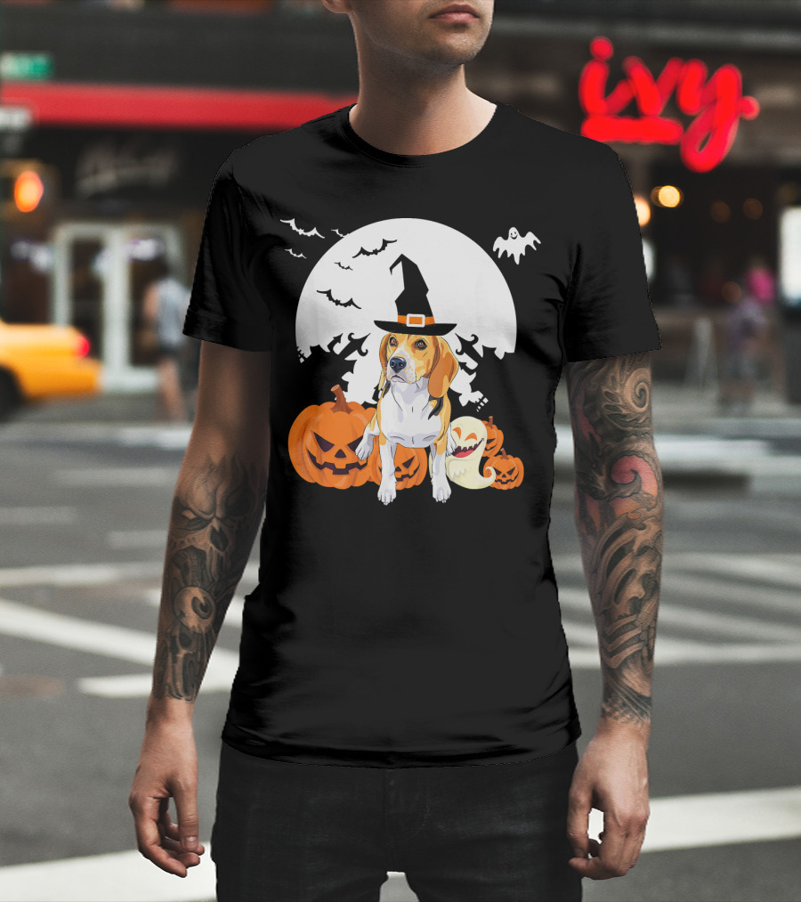 Happy Halloween Witch Beagle With Pumpkins And Ghosts T-Shirt