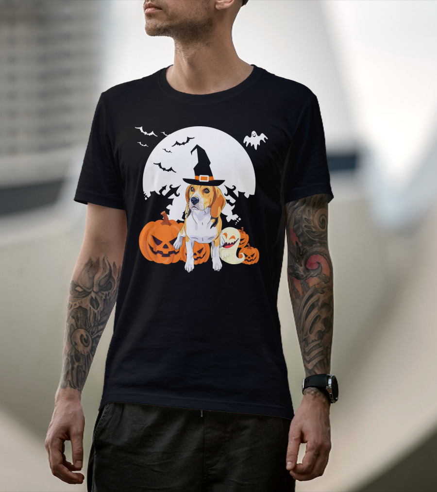Happy Halloween Witch Beagle With Pumpkins And Ghosts T-Shirt