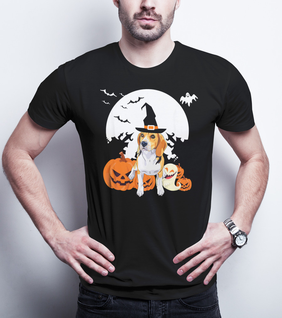 Happy Halloween Witch Beagle With Pumpkins And Ghosts T-Shirt