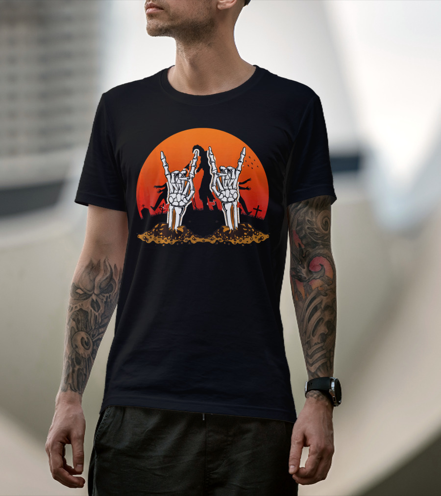 Halloween Skeleton Rocker Graveyard Sunset With Rock Hands T-Shirt