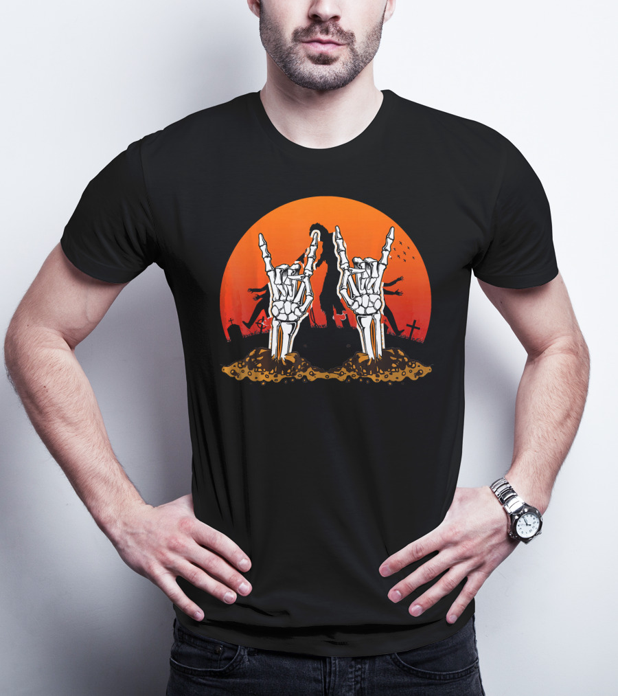 Halloween Skeleton Rocker Graveyard Sunset With Rock Hands T-Shirt