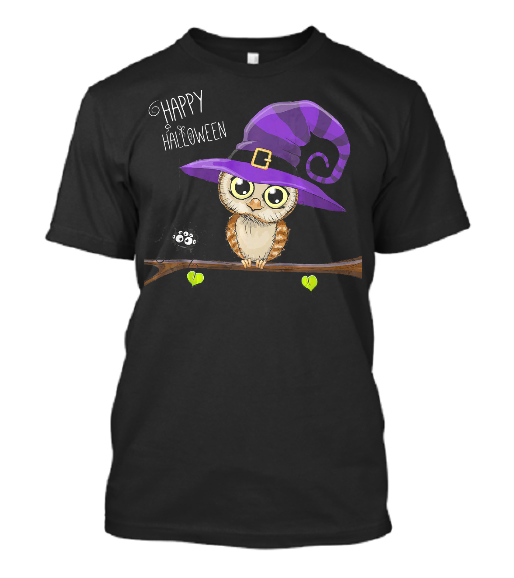 Happy Halloween Owl In Purple Witch Hat With Spider On Branch T-Shirt
