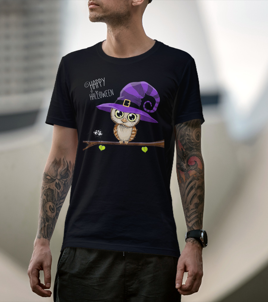 Happy Halloween Owl In Purple Witch Hat With Spider On Branch T-Shirt